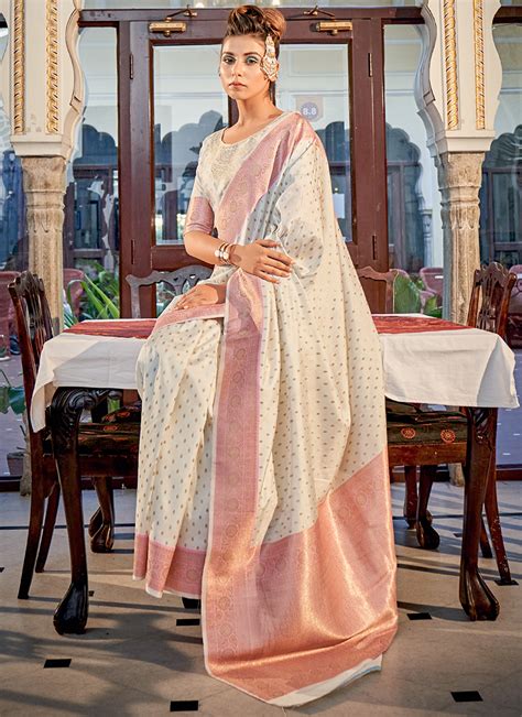 Buy White Banarasi Silk Traditional Wear Weaving Saree Online From