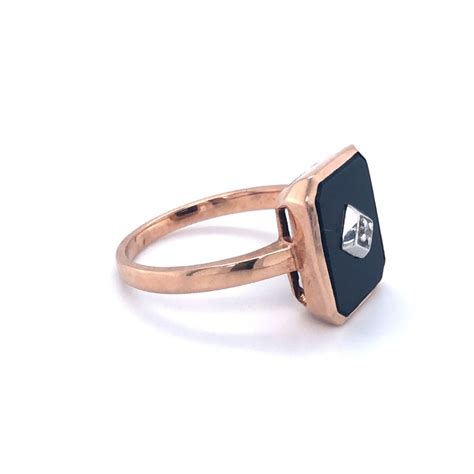 9ct Rose Gold Med Rectangular Onyx Diamond Ring Avenue J Jewellery