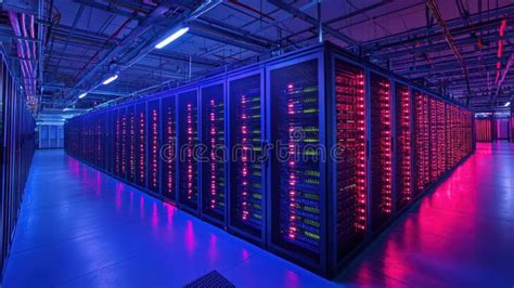 Panoramic View Of High Tech Data Center With Flashing Server Lights For
