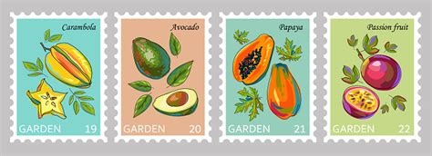 과일이 든 우표 컬러 배경에 카람볼라 아보카도 파파야 패션 프루트가 있는 과일 스티커 잎이 있는 전체 과일과 얇게 썬 과일 손으로 그린 벡터 세트입니다 만화 스타일 0명에