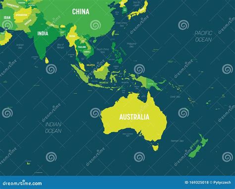 Mapa De Australia Y El Sudeste Asiático Tonos Verdes Coloreados En