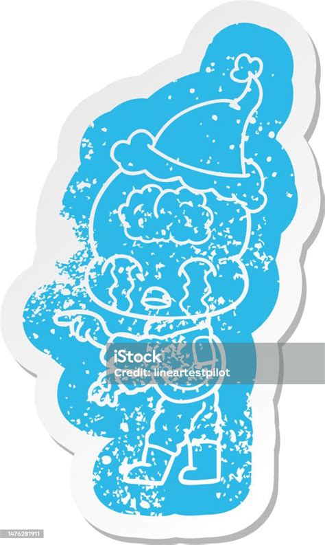 기발한 만화 큰 두뇌 외계인의 고민 스티커 울고 산타 모자를 쓰고 가리키는 가리키기에 대한 스톡 벡터 아트 및 기타 이미지 가리키기 고독 부정적인 감정 표현 귀여운