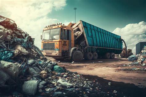 Large Spacious Industrial Dump With Overflowing Garbage Trucks Stock