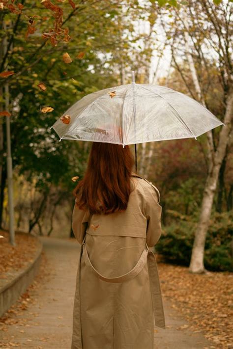 골목 공원 긴 머리 도랑 도시의 뒷모습 빨간 머리 서 있는 수직 쐈어 여성 우산 우아함 잡고 있는 코트