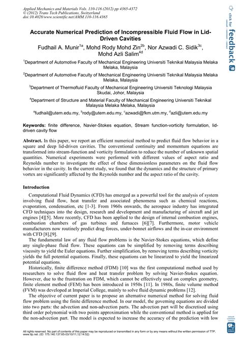 Pdf Accurate Numerical Prediction Of Incompressible Fluid Flow In Lid