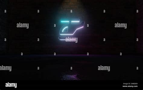 3d Rendering Of Blue Violet Neon Symbol Of Helicopter From Profile On Dark Brick Wall Background