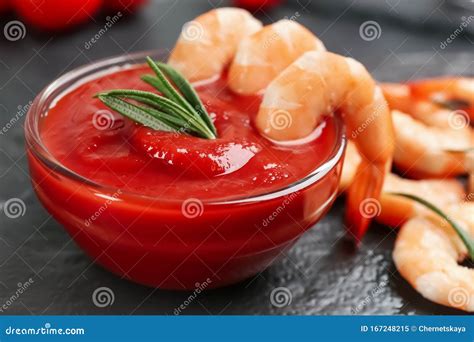 Delicious Shrimp Cocktail With Tomato Sauce Served On Table Closeup