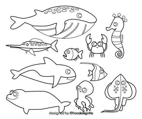 Set Of Sea Animals Marine Life Black And White Vector Free Download