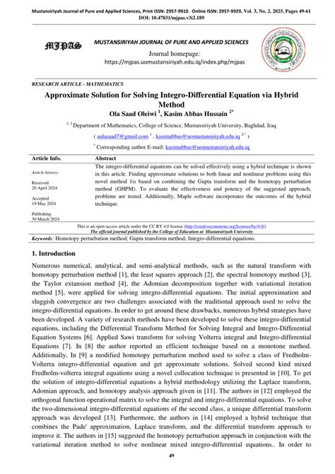 Pdf Approximate Solution For Solving Integro Differential Equation Via Hybrid Method