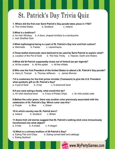 Free Printable St Patricks Day Trivia Quiz St Patricks Day Trivia