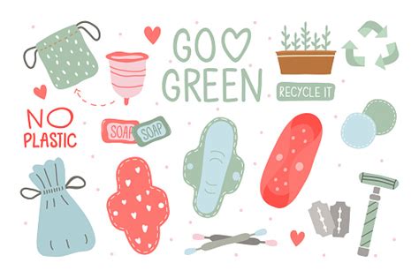 생리 테마 기간 다양한 여성 위생 용품 폐기물이 없습니다 팬티 패드 컵 생리 보호 여성 위생 손으로 그린 벡터 그림 모든 것이 고립되어 있습니다 0명에 대한 스톡 벡터 아트