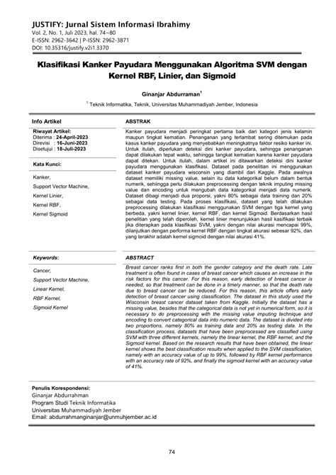 PDF Klasifikasi Kanker Payudara Menggunakan Algoritma SVM Dengan