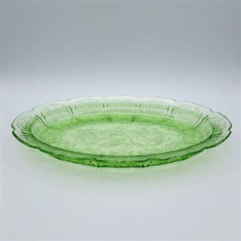 Vintage Jeannette Glass Cherry Blossom Green Glass Platter Collectible