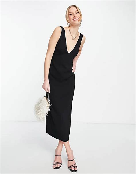 Asos Design Vestito Longuette Taglio Sbieco Con Scollo Profondo In