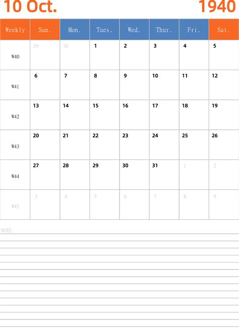 日历表1940年日历 英文版 纵向排版 周日开始 带周数 模板[df012] 日历精灵