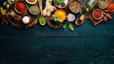 Large Spice And Herb Collection In Bowls And Spoons Indian Spices On