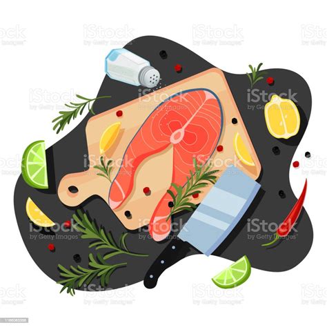 烹飪鮭魚牛排 向量平面卡通頂視圖插圖海鮮餐廳功能表設計項目向量圖形及更多三文魚 海產圖片 三文魚 海產 健康飲食 切斷