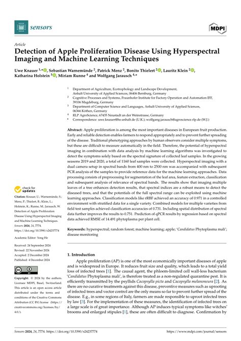 Pdf Detection Of Apple Proliferation Disease Using Hyperspectral