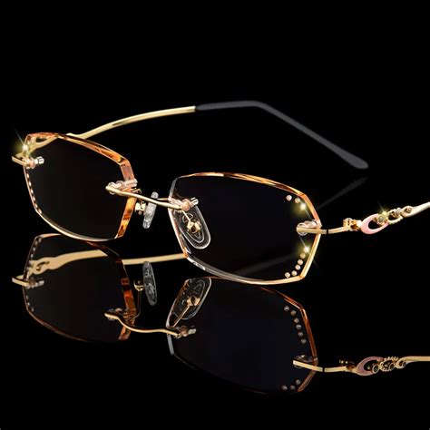 Luxury Rhinestone Reading Glasses Women Diamond Cutting Rimless Glasses Men Womens Golden