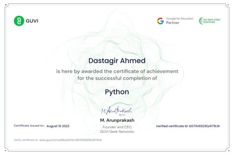 Dastagir Ahmed On Linkedin Guvi Guvicertified Pythondeveloper Python