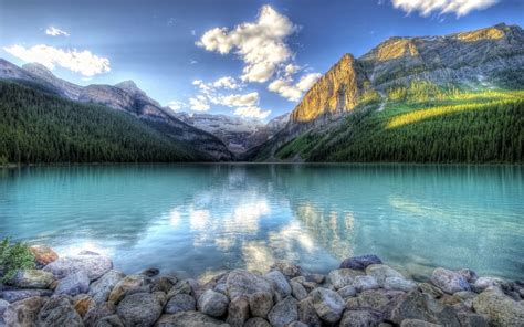 Mountain Lake Forest Rock Landscape Nature Wallpapers HD Desktop