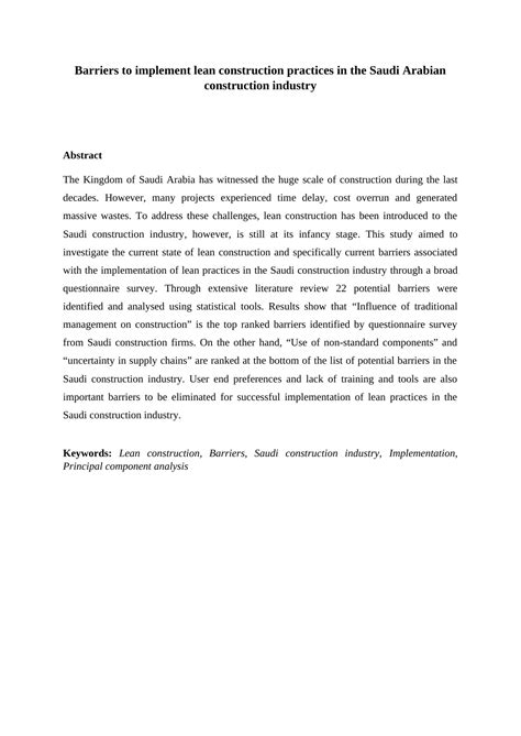 Identifying Barriers For Lean Construction In Saudi Arabia