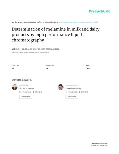 Pdf Determination Of Melamine In Milk And Dairy Products By Hplc
