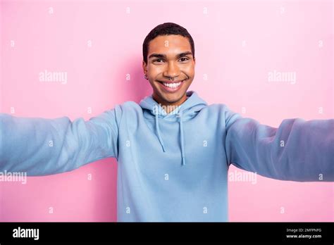 Portrait Of Cheerful Young Person Beaming Smile Make Selfie Record