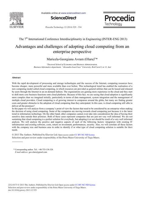 Pdf Advantages And Challenges Of Adopting Cloud Computing From An Enterprise Perspective