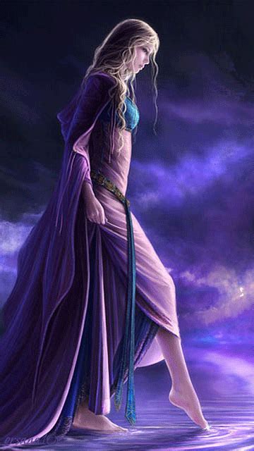 Гиф анимация Девушка в сиреневом платье стоит в воде на фоне сверкающего неба Orsana100