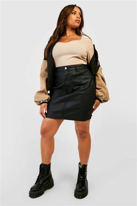 Plus Coated High Waisted Denim Mini Skirt Boohoo Uk