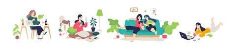 집에서 휴식을가지고 여자의 그림입니다 플랫 스타일입니다 젊은 사람들은 가사를 할 학습 하 고 온라인 영화 감상입니다 주말에 집