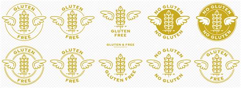 포장 제품을 위한 개념 스탬프 세트입니다 라벨링 글루텐 프리 날개가 달린 스탬프는 해방 자유의 상징입니다 시리얼 스파이크플랫 아이콘과 흐르는 성분 라인 벡터 0명에 대한