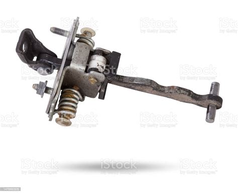 흰색 고립 된 배경에 금속 및 플라스틱 자동차 예비 부품 바디 요소 손상 또는 파손의 하드 터치를 방지 도어 스토퍼 기계 어셈블리의 세부 사항 0명에 대한 스톡 사진 및