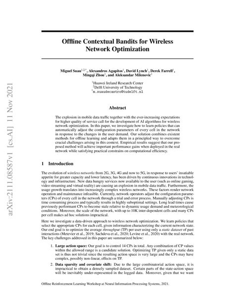 Offline Contextual Bandits For Wireless Network Optimization DeepAI