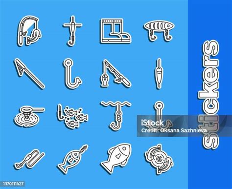 세트 라인 물고기 낚시 후크 플로트 부츠 그물 막대와 물고기와 아이콘 벡터 고무에 대한 스톡 벡터 아트 및 기타 이미지 고무 그물망 금속 Istock