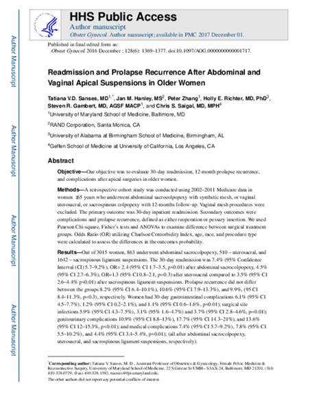 Pdf Readmission And Prolapse Recurrence After Abdominal And Vaginal Apical Suspensions In