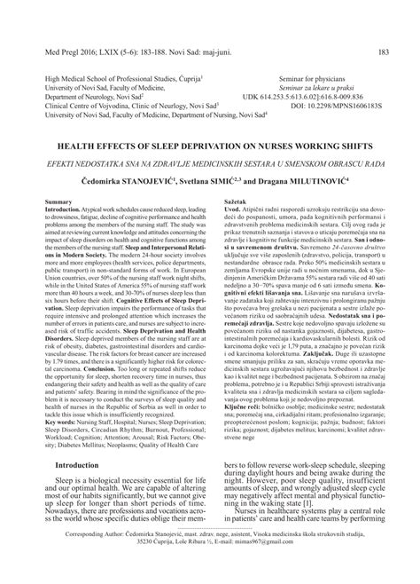 Pdf Health Effects Of Sleep Deprivation On Nurses Working Shifts