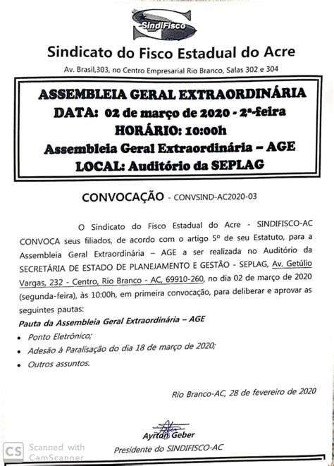 A Diretoria Do Sindifisco Ac Convoca Assembleia Geral Extraordinária