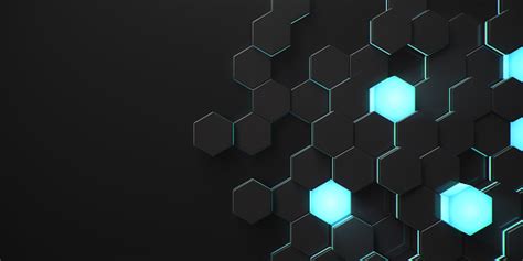 Black Geometric Hexagonal Abstract Background Surface Polygon Pattern With Blue Glowing Hexagons