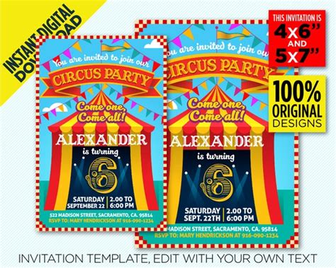 Circus Birthday Party 4x6 5x7 Invitation Etsy