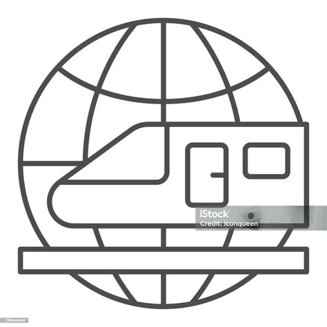 고속 열차 지구본 얇은 선 아이콘 배달 개념 벡터 그래픽 흰색 배경에 철도 기차 기호가 있는 세계 지구 모바일 또는 웹 디자인용 개요 스타일 아이콘 검은색에 대한 스톡 벡터