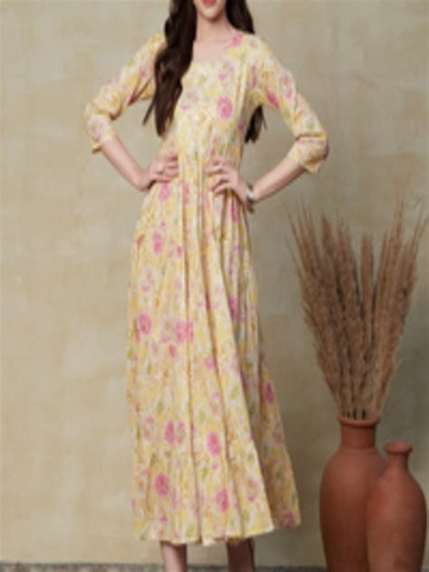Buy Fashor Yellow Floral Print A Line Midi Dress Dresses For Women