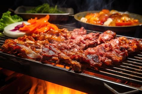 Premium Photo A Bbq Grill With Meat And Vegetables Cooking On It