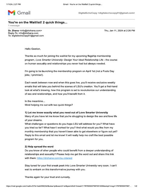 Email After Joining A Waitlist For A Course Or Program Pdf