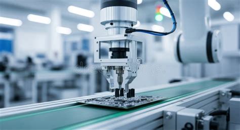 Robotic Arm Assembling Circuit Board On Conveyor Belt In Modern Electronics Factory Stock