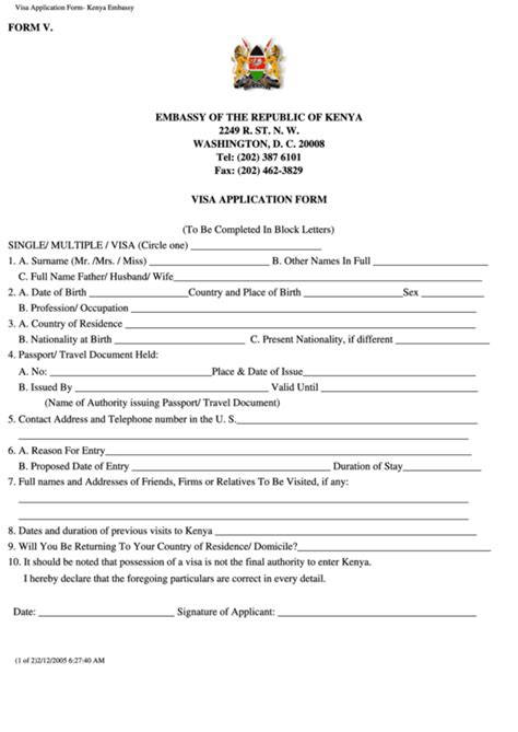 Visa Application Form Kenya Embassy Printable Pdf Download