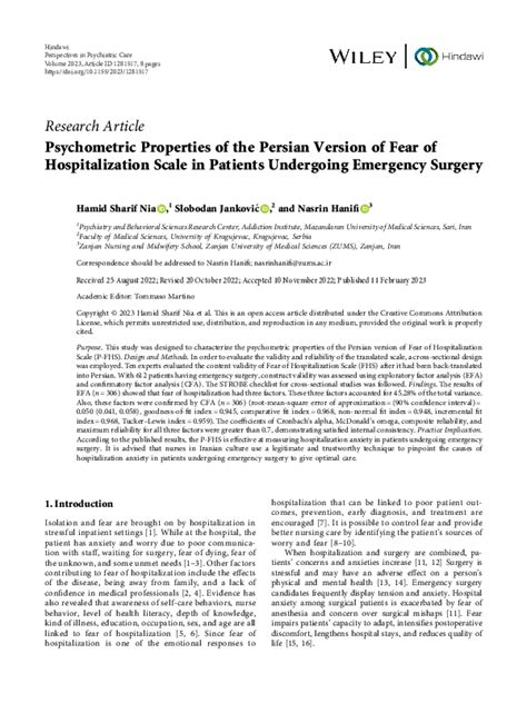 Pdf Psychometric Properties Of The Persian Version Of Fear Of Hospitalization Scale In