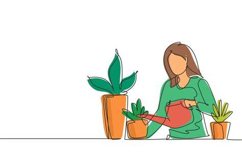 Single One Line Drawing Woman Watering Houseplants At Home Home Garden