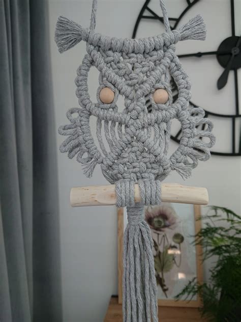 Sowa Makrama szara ze sznurka na ścianę 40 cm 12243593365 oficjalne